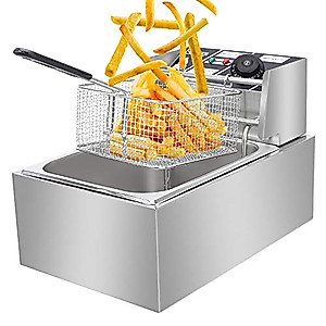 Commercial Electric Deep Fryer, Countertop Stainless Steel Deep Fryer French Fries for Restaurant Home Kitchen (Single Tank, 6.3QT/6L)