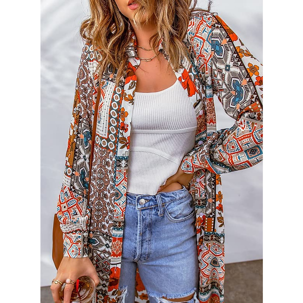 Dokotoo Womens Summer Spring Beach Boho Long Sleeve Cardigans Button-Down Bohemian Fashion Geometric Floral Kimonos for Women Brown XX-Large
