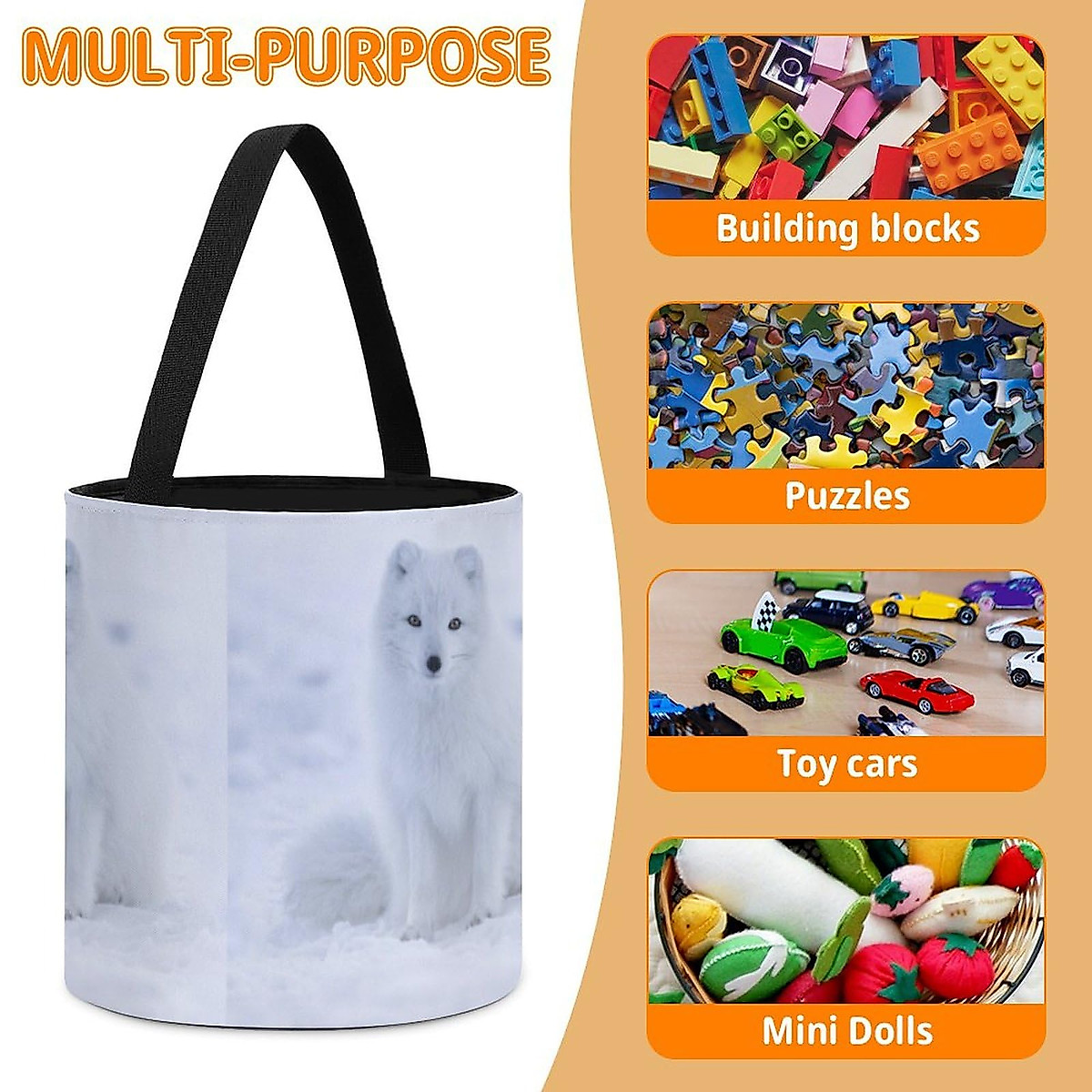 Arctic Fox in The Snow Block Toys Storage Basket Collapsible Building Bag with Drawstring Halloween Easter Basket