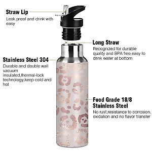 Water Bottle Handle Straw Lid Leopard Print Cheetah Rose Gold Vacuum Insulated Stainless Steel Thermos Water Bottle Leak Proof Sports Coffee Maker Cup