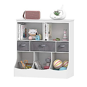UTEX Toy Storage Organizer with Bookcase, Kid’s Bin Storage Unit with 8 Compartments &3 Baskets Bins, Toys Box Organizer, Kid’s Multi Shelf Cubby for Books,Toys,White