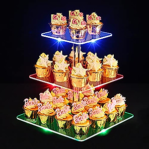TANGSHUO 3 Tiers Square Acrylic Cupcake Stands with Rechargeable LED Light, Clear Cupcake Tower - Dessert Tower - Cupcake Tier Stands for Weddings, Anniversaries, Baby Showers, Birthday Parties