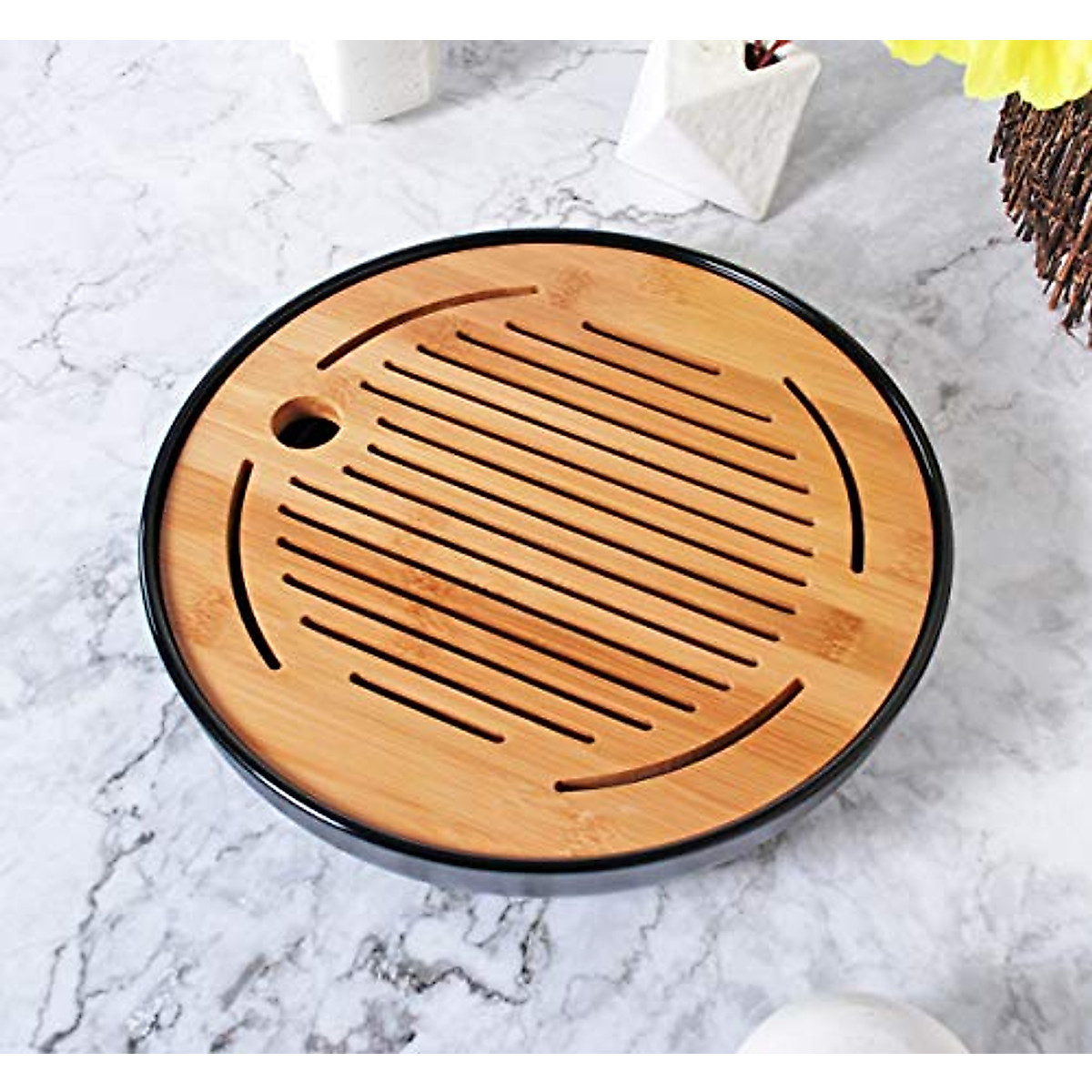 Hinomaru Collection Oriental Kung Fu Table Service Round Serving Tea Tray Bamboo Drip Pan Melamine Base Reservoir Tea Ceremony Accessories (Black)