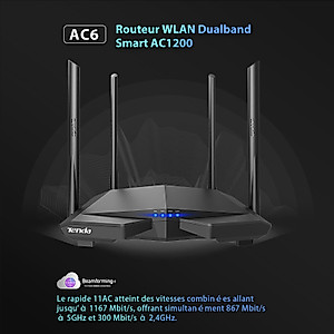 Tenda AC1200 Dual Band WiFi Router, High Speed Wireless Internet Router with Smart App, MU-MIMO for Home (AC6),Black