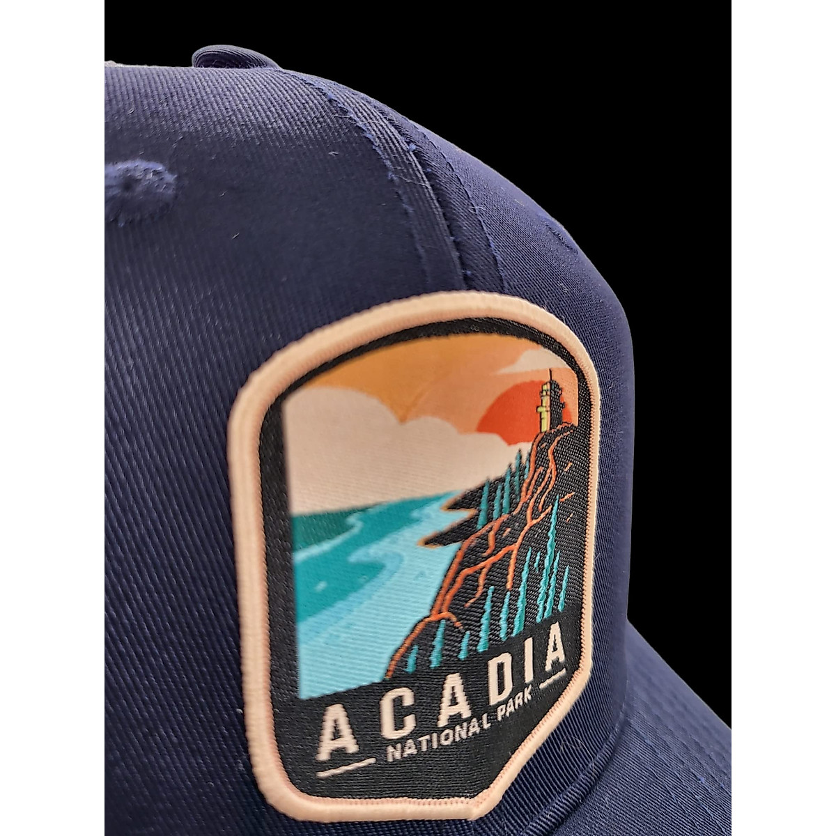 Acadia Trucker Hat with National Park Woven Patch (Navy/White)