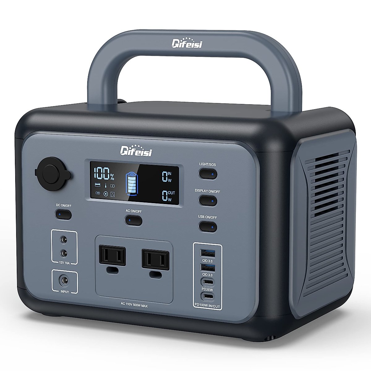 Difeisi P500 Portable Power Station, 518Wh LiFePO4 Battery with 110V/500W Pure Sine Wave AC Outlets, PD 100W Output/Input, Solar Generator for Camping RV CAPA Home Emergency (Solar Panel Optional)