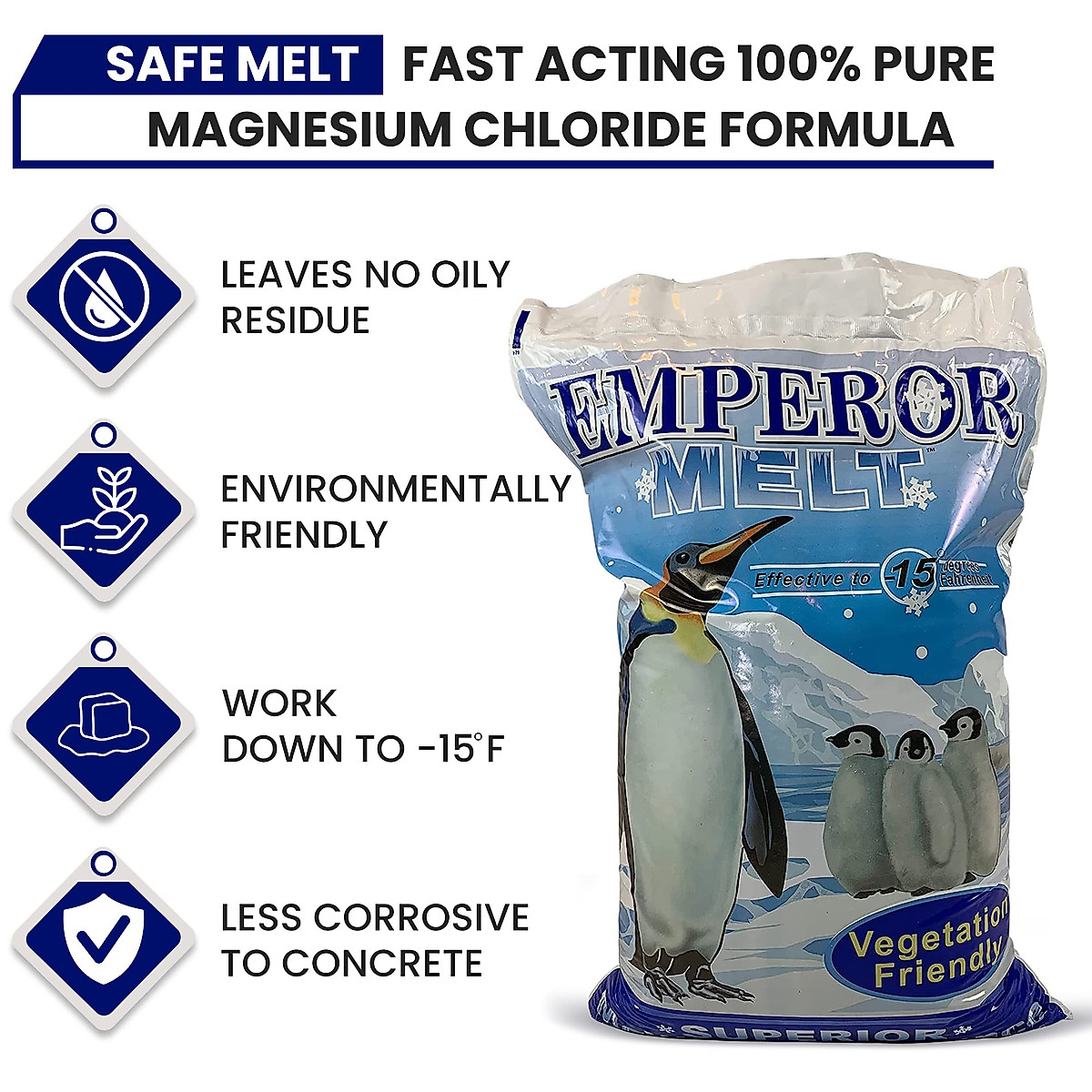 Peach Country Blue Emperor Ice Melt. Environmentally Friendly Ice Melter and Pet Safe Ice Melt Effective to temperatures of -15 Degrees Fahrenheit. Comes in a 50lb Bag.