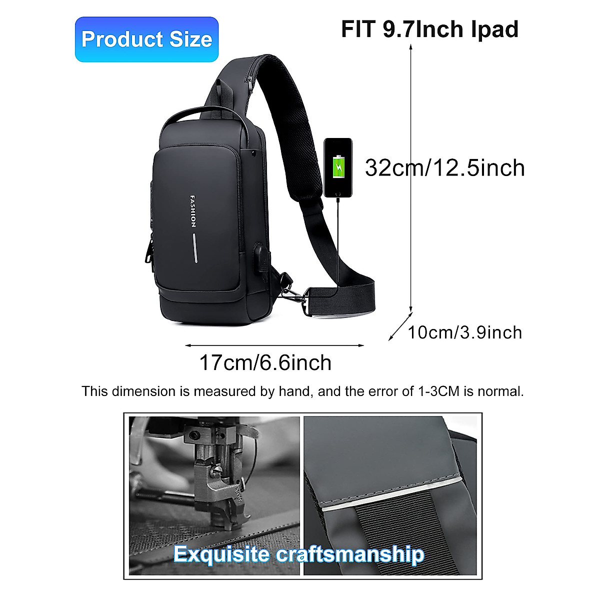 Geanbun Sling Bag Anti-Theft USB Crossbody Backpack Waterproof Chest Daypack Lightweight Shoulder Bag (Black)