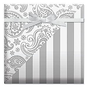 Current Silver Paisley with Stripes Wedding, Reversible Double-Sided Jumbo Gift Wrap Roll, 23 inches x 32 feet per roll