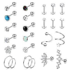 FASACCO 24Pcs Cartilage Earring for Women Men Surgical Steel Stud Earrings Set Forward Helix Earrings Small CZ Moon Star Opal Screw Back Earrings Conch Helix Tragus Piercing Jewelry Silver