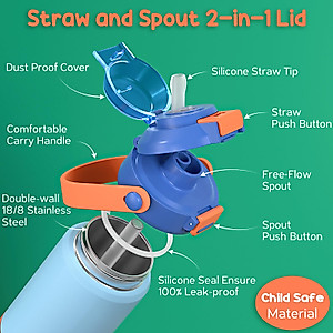 Fimibuke Kids Insulated Water Bottle with Pop-Open Straw & Spout 2-in-1 Lid, 14oz Leak Proof 18/8 Stainless Steel Vacuum Tumbler, BPA-Free Kids Cup For Travel School Boys Girls Toddler 2Pack,Sea World