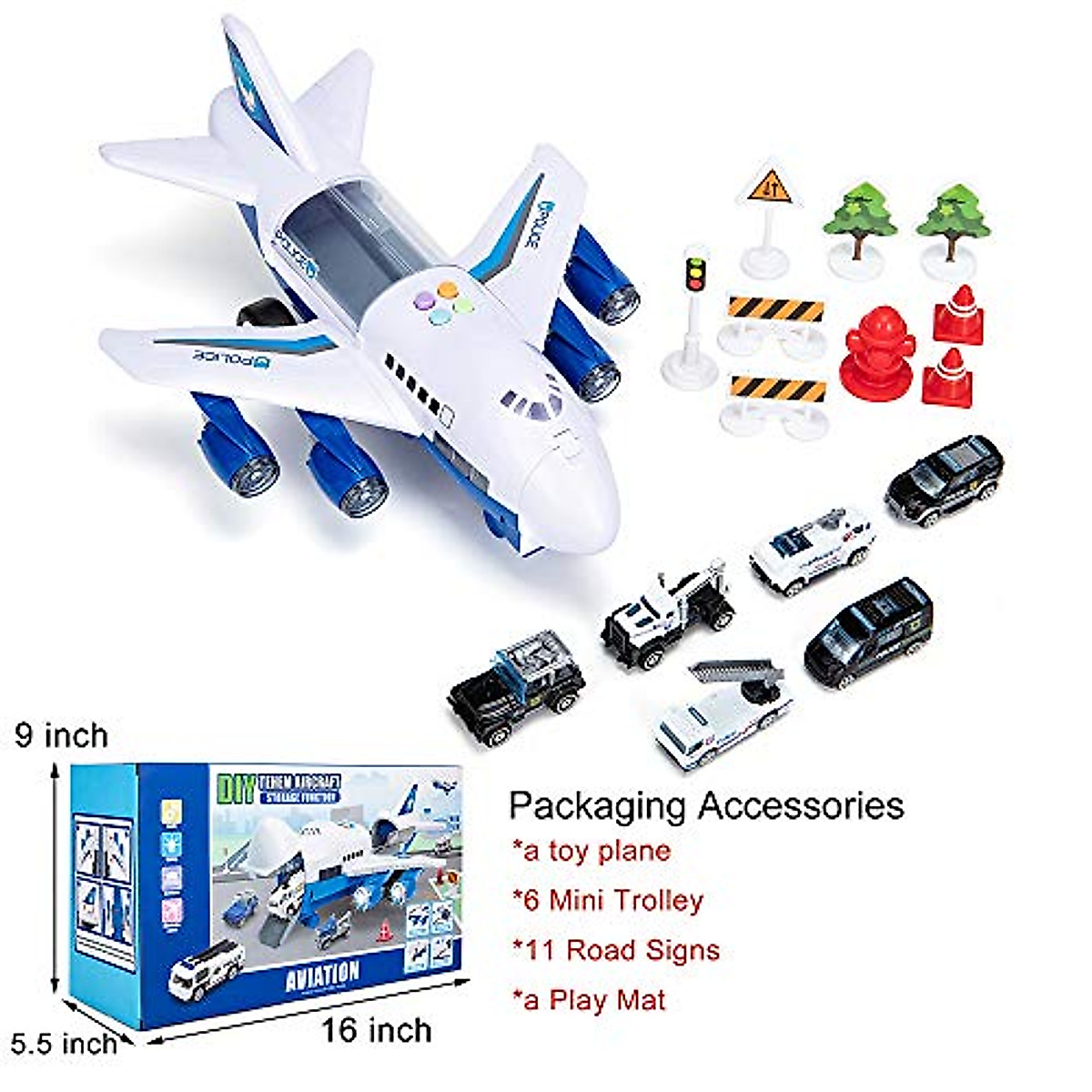 Car Toys Set with Transport Cargo Airplane and Large Play Mat, Mini Educational Vehicle Police Car Set for Kids Toddlers Boys Child Gift for 3 4 5 6 Years Old, 6 Cars, Large Plane, 11 Road Signs