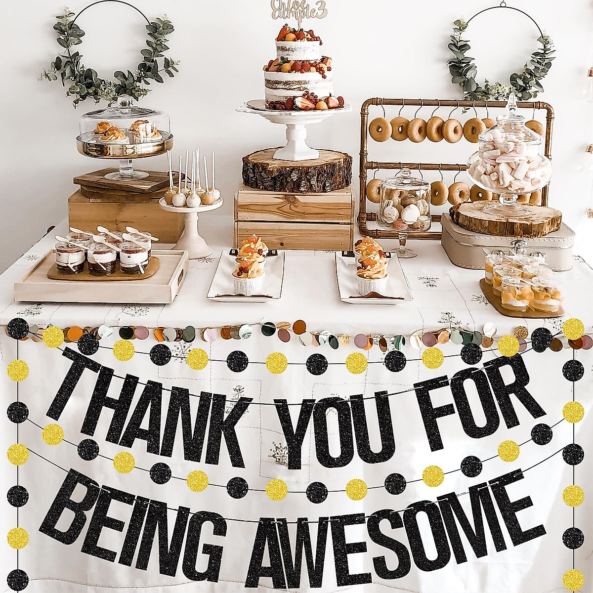 Thank You for Being Awesome Banner, Black Glitter Banner Party Decorations with 2pcs 6.6FT Hanging Circle Dot Garland Streamer for Graduation Retirement Farewell Going Away Office Work Goodbye Party