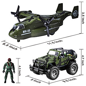 JOYIN Military Vehicle Toy Set of Friction Powered Transport Airplane and Military Truck with Light and Sound Sirens and Soldier Army Men Action Figures for Kids