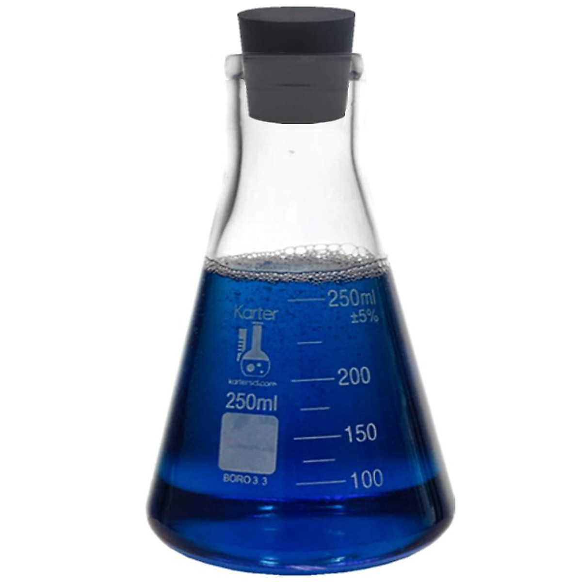 250ml Narrow Mouth Erlenmeyer Flask with Rubber Stopper, 3.3 Borosilicate Glass, Karter Scientific (Single)