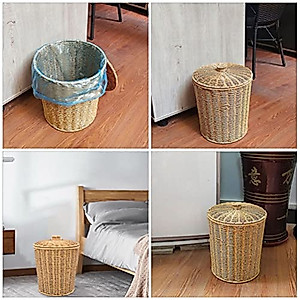 Zerodeko Small Trash Can, Imitation Rattan Woven Waste Bin with Lid, Waste Basket for Bedroom, Office, Kitchen, Boho Round Garbage Can Plastic Sundries Holder Laundry Basket for Bathroom