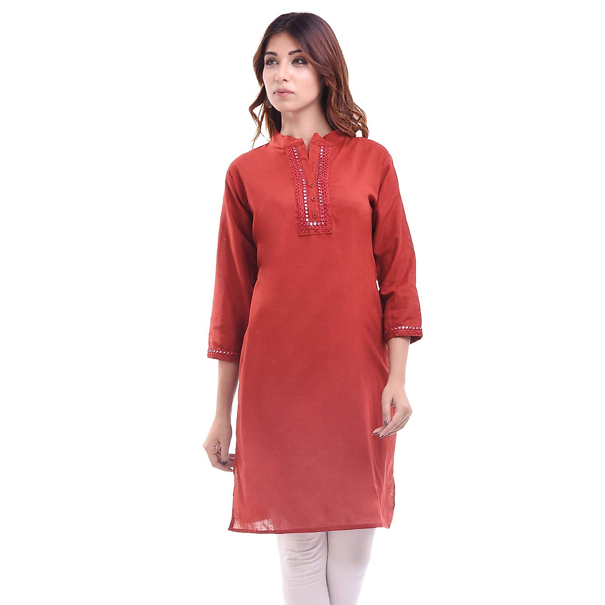 Indian Women's Plain Cotton Kurti Red Top By Chichi, XX-Large