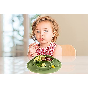 Baby Divided Plate Placemat Silicone- Portable Non Slip Child Feeding Suction Plate for Children Babies and Kids BPA Free Baby Dinner Plate Microwave Dishwasher Safe (Duck-Endive)