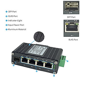Star Route Mini Industrial 4 Port 10/100/1000Mbps Gigabit Ethernet POE + Switch with SFP Din Rail/Wall-Mount 10/100/1000BASE-T RJ45 1 100/1000FX (SFP) Support 12-48V DC, 3.74x2.76x1.15in