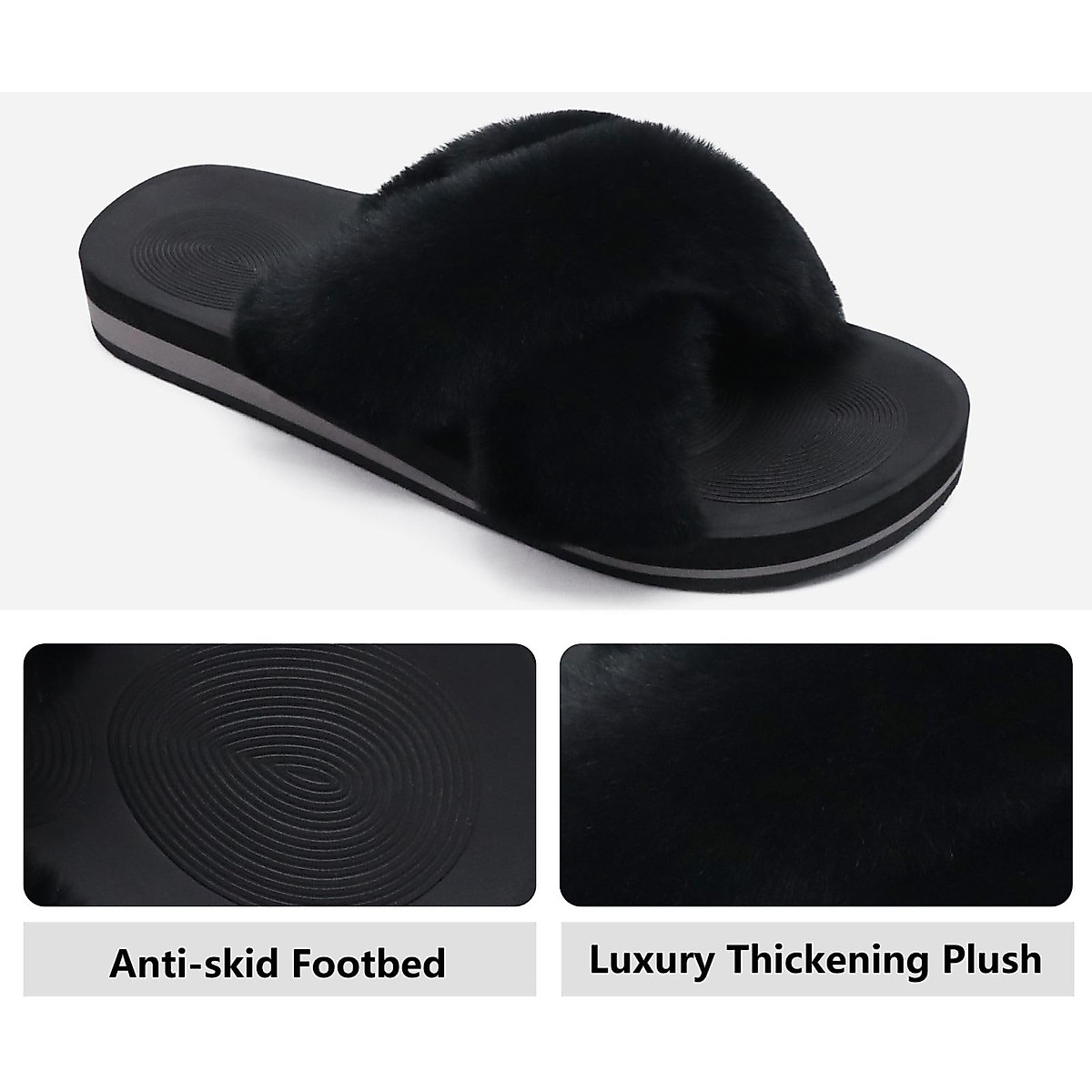 COFACE Womens Fuzzy Slides Fluff Fax Fur Cross Slippers Open Toe Yoga Mat House Slippers Sandals With Arch Support For Indoor/Outdoor