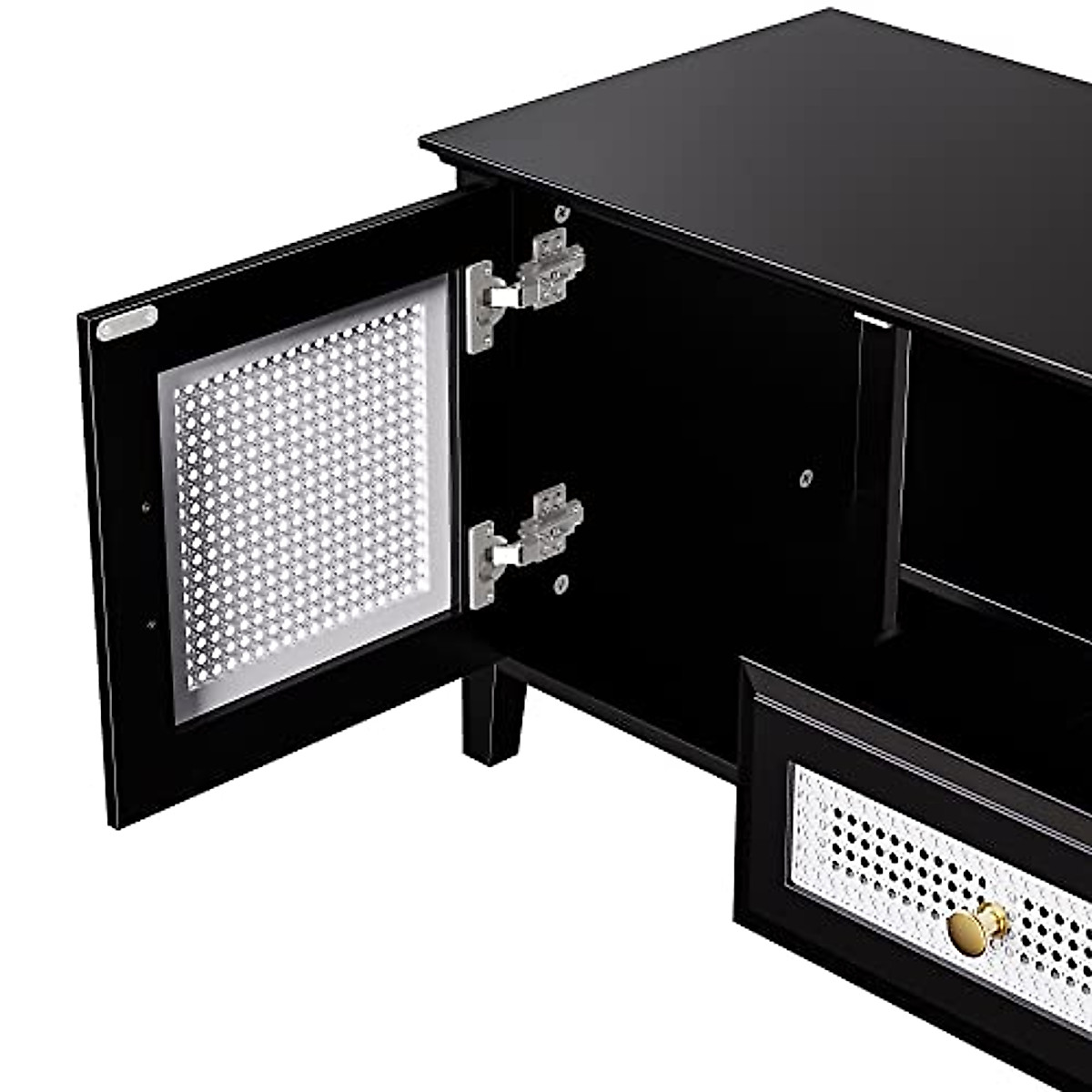 LZ LEISURE ZONE Farmhouse Rattan TV Stand for TVs up to 65", Boho Style Entertainment Center with Gold Metal Handles, Modern TV Console Table with Drawers and Cabinets for Living Room, Black