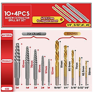 UYECOVE 14 Pieces Screw Extractor Set, 35# Cr-Mo & 6542 HSS Steel Cobalt Left Hand Drill Bits Set for Removing Stripped Screws and Broken Bolts Ez Out Screw Extractor Set Broken Bolt Extractor Kit