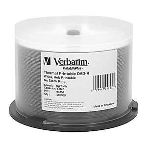 Verbatim DataLifePlus White Thermal Hub Printable 8X DVD-R Media 50 Pack in Cake Box (94853)