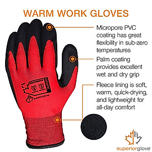 Superior Glove Winter Work Gloves - Fleece-Lined with Black Tight Grip Palms (Cold Temperatures) Freezer Gloves - SNTAPVC - Size Medium