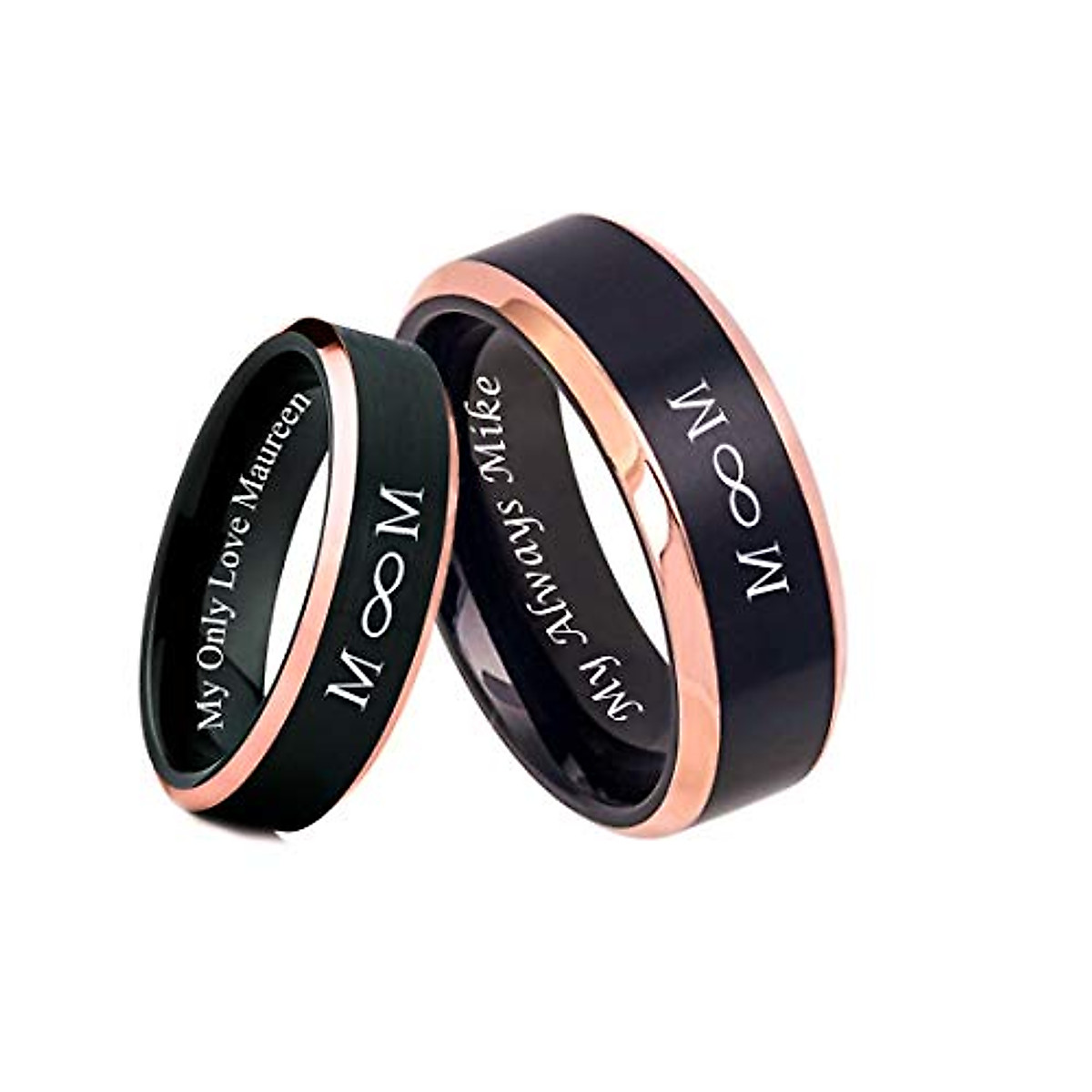 Personalized Rose Gold & Brushed Black Stainless Steel Ring Set Custom Engraved Free - Couple's Ring Set - Wedding Band - Ships from USA
