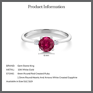 Gem Stone King 10K White Gold Red Created Ruby and White Created Sapphire Solitaire Engagement Ring For Women (1.03 Cttw, Round 6MM, Gemstone July Birthstone, Size 5)