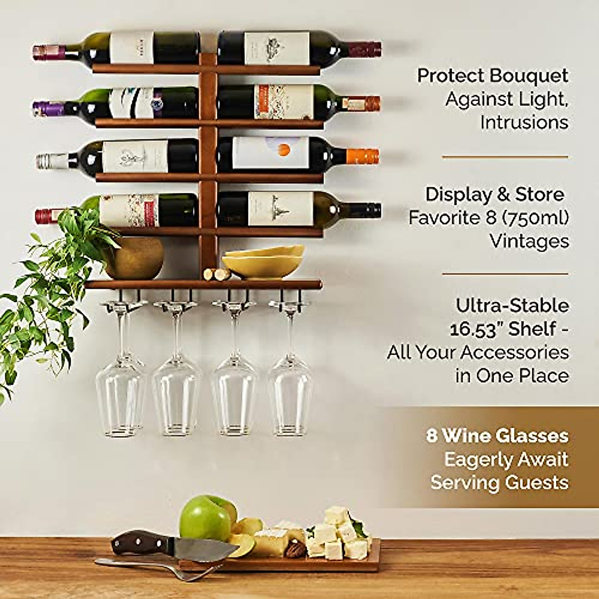 HELYA DESIGN Wine Rack Wall Mounted with Shelf for 8 Wine Bottles & Glasses - Wood Rustic Wine Glass Floating Rack with Stemware Hanger. Wine Decor and Storage Holder for Kitchen, Living Room & Bar