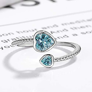 Sterling Silver March Birthstone Rings for Women Teens, Adjustable Blue Heart Birthday Ring for Sisters, Birthday Thanksgiving Day Christmas Valentine's Day Party Graduation Gifts Jewelry