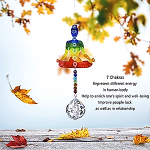 Chakra Healing Crystal Prism Suncatcher with Rainbow Yoga Meditation Figurine Statue Stained Glass Beads for Window Garden Wall Hanging Decoration