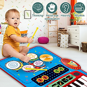 PRAGYM Baby Toys for 1 Year Old Boys & Girls, 2 in 1 Musical Toys, Toddler Piano & Drum Mat with 2 Sticks, Learning Floor Blanket, Birthday Gifts for 1 2 3 Year Old Boys & Girls