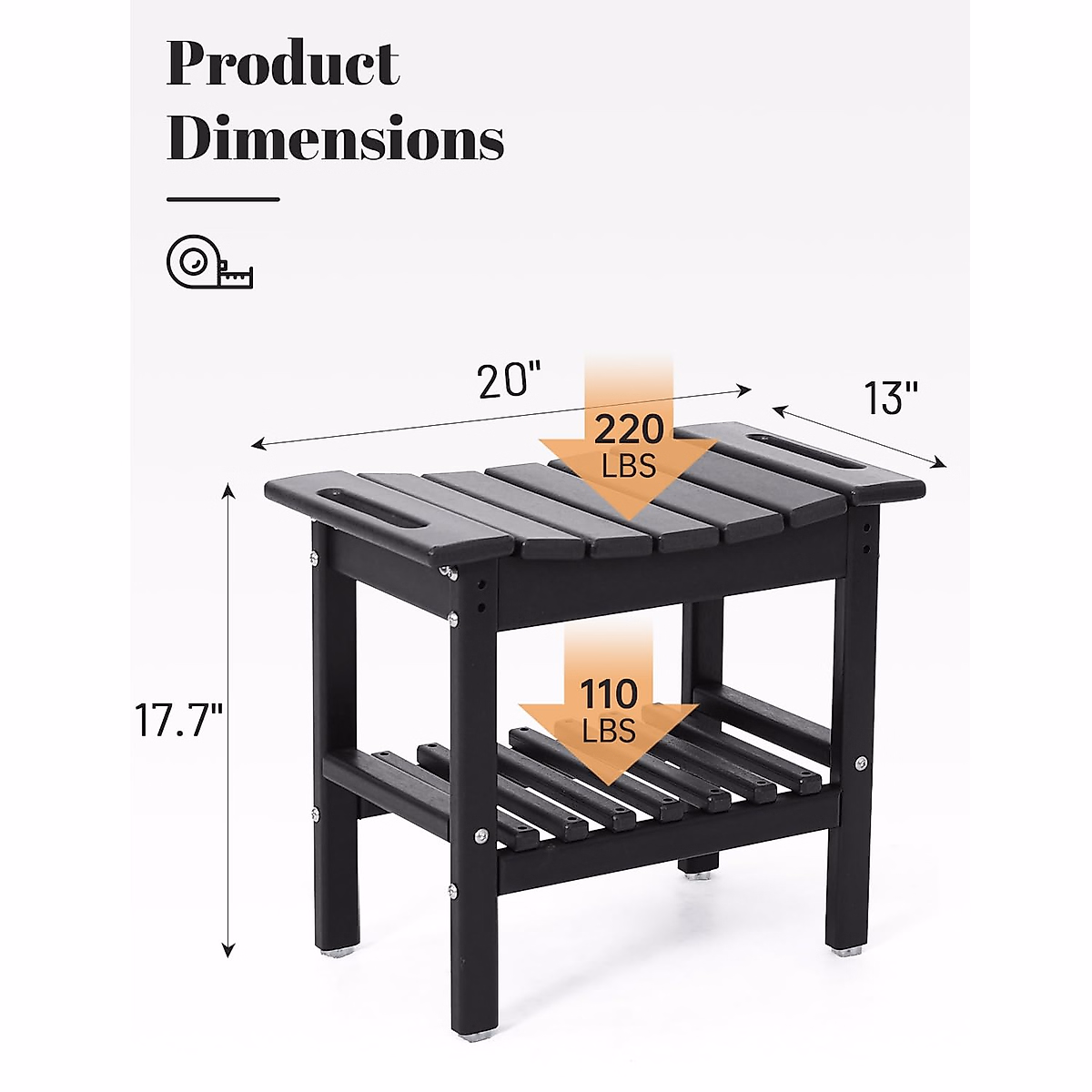 Murago HDPE Poly Lumber Shower Stool with Storage 20×12×19, Heavy Duty Waterproof Bench Indoor Outdoor Spa Stool Chair with Towel Bar [Black]