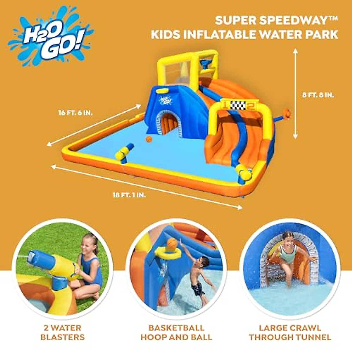 Bestway H2OGO! 18 x 16.5 x 8.7 Foot Super Double Racing Super Speedway Kids Inflatable Water Park with Air Blower, Ground Stakes, and Storage Bag