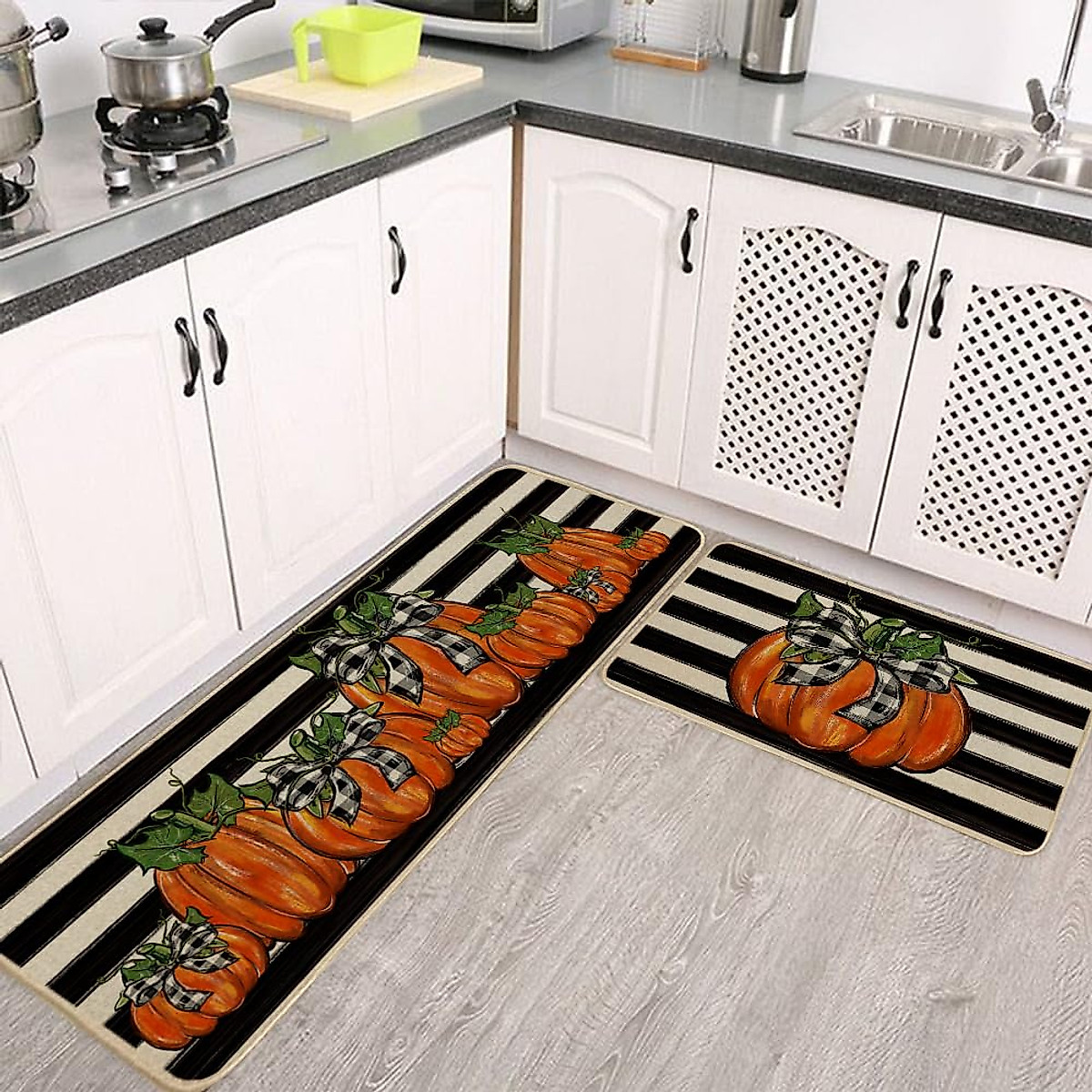 GEEORY Fall Kitchen Mats Set of 2, Striped Pumpkins Bowknot Floor Mat Farmhouse Seasonal Holiday Thanksgiving Decorations 17x29 and 17x47 Inch (Striped) GK068
