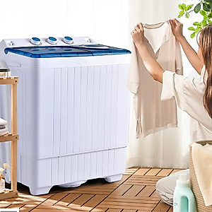 COSTWAY Portable Washing Machine, Twin Tub 26lbs Capacity Laundry Washer, 18lbs Washer and 8lbs Spinner Combo with Timer Knobs, Built-in Drain Pump, Compact Washer for Home Dorm Apartment, Blue+White