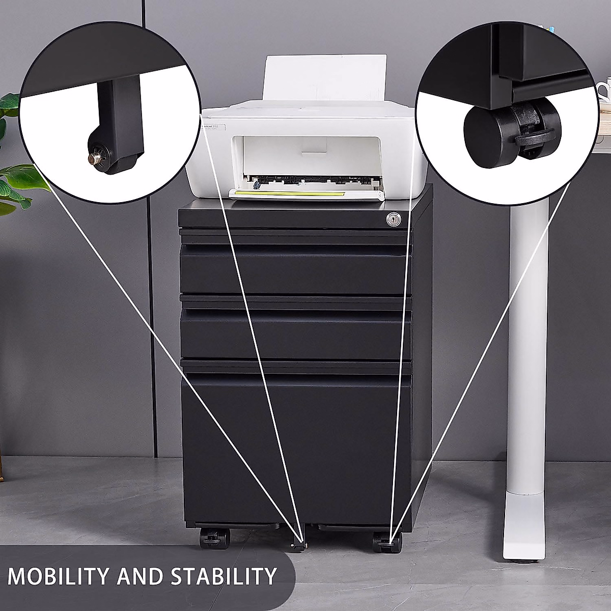 RIDFY Rolling File Cabinet with Lock, 3-Drawer Office Storage Filing Cabinet for Letter Size, Steel Metal Filing Cabinet for Home Office,Lateral File Cabinet for Place The Printer,Black