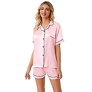 Women's Satin Pajamas Set, Short Sleeve Button Down Shirt Top + Elastic Waist Shorts Sets Summer Pajamas for Women, A Pink, US XS