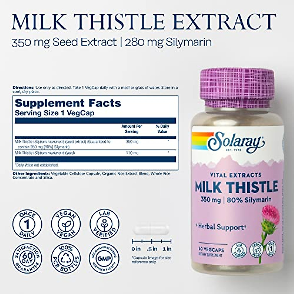 SOLARAY Milk Thistle Seed Extract 350 mg Guaranteed to Contain 80% Silymarin, Traditional Liver Support, Vegan & Lab Verified for Quality, 60 Servings, 60 VegCaps
