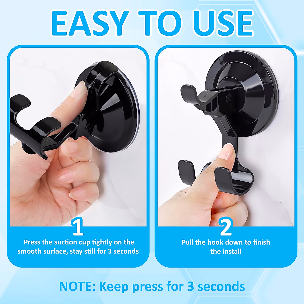 Powerful Black Waterproof Suction Cup Razor Hooks, Removable and Reusable Vacuum Hooks for Shower Wall or Any Flat Surface. (2 Pack)