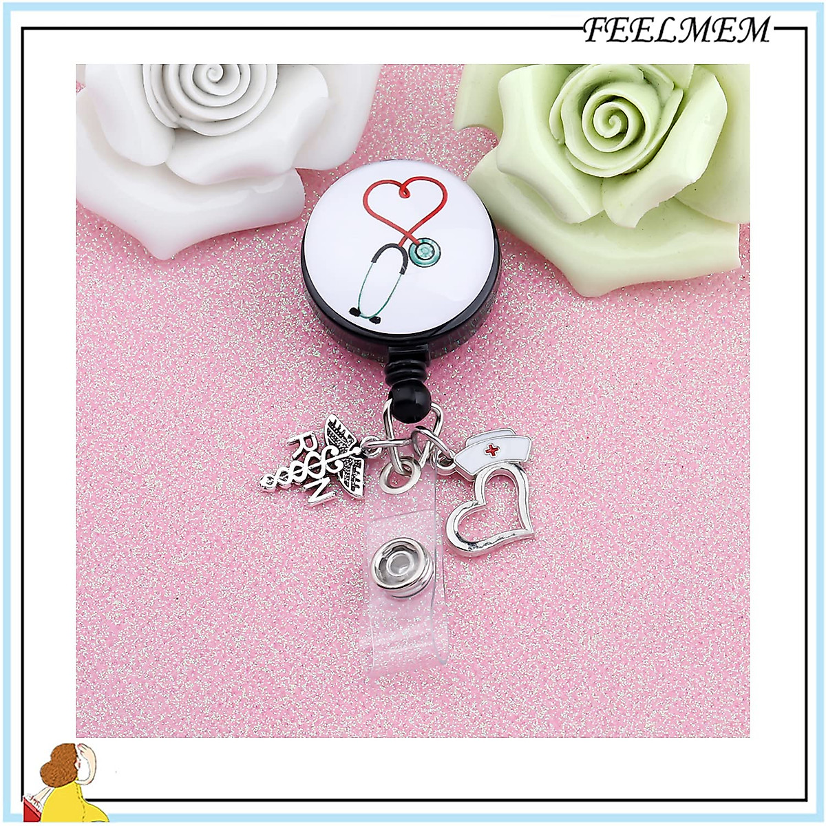 FEELMEM RN Nurse Medical Stethoscope Retractable Badge Holder Reel Clip RN Students Gift Nurses Practitioner Jewelry New Registered Nurse Gift (RN)