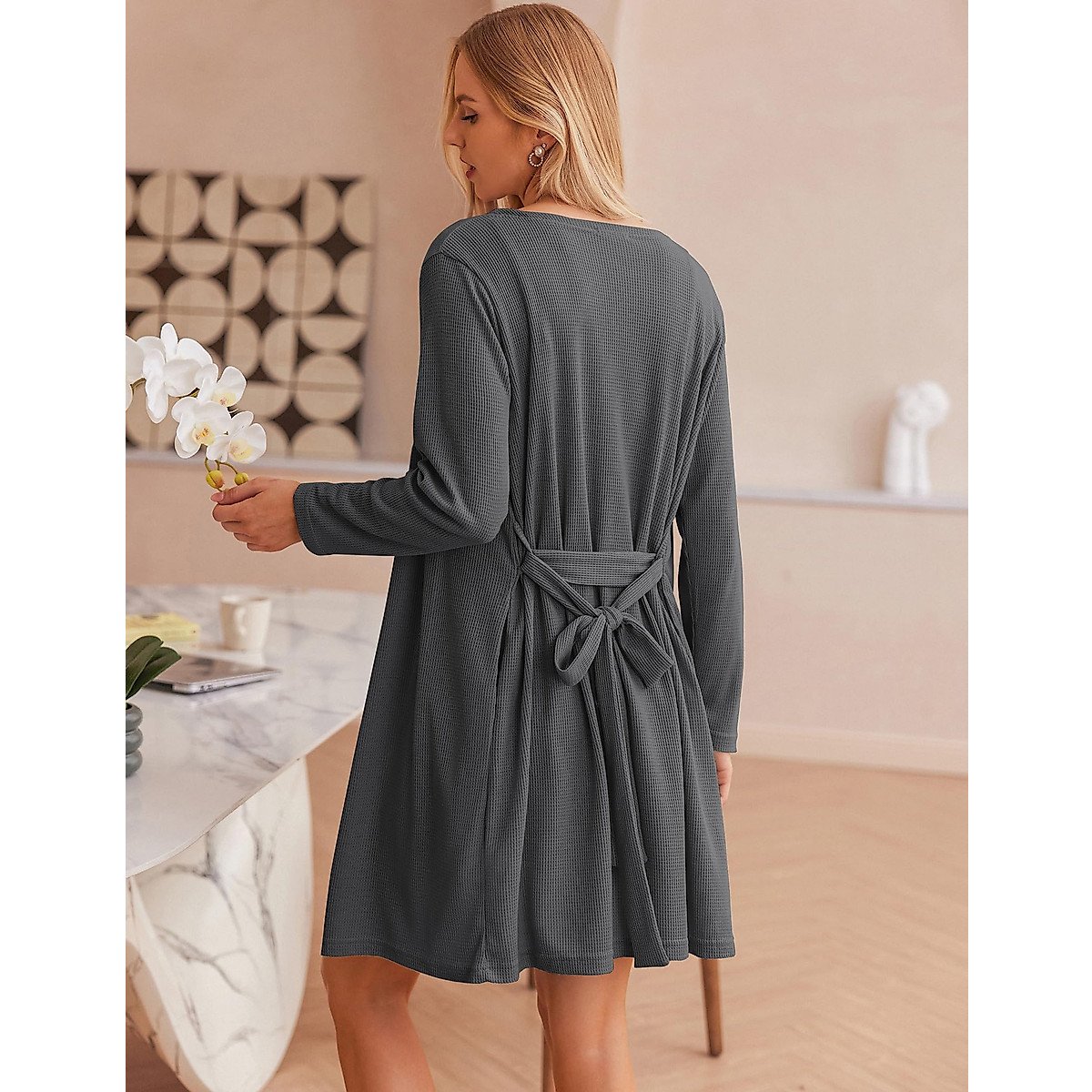 Ekouaer Womens 3 Piece Waffle Knit Lounge Set Soft Pajama Sets Tank Top and Shorts Cardigan with Pockets (Grey, XL)