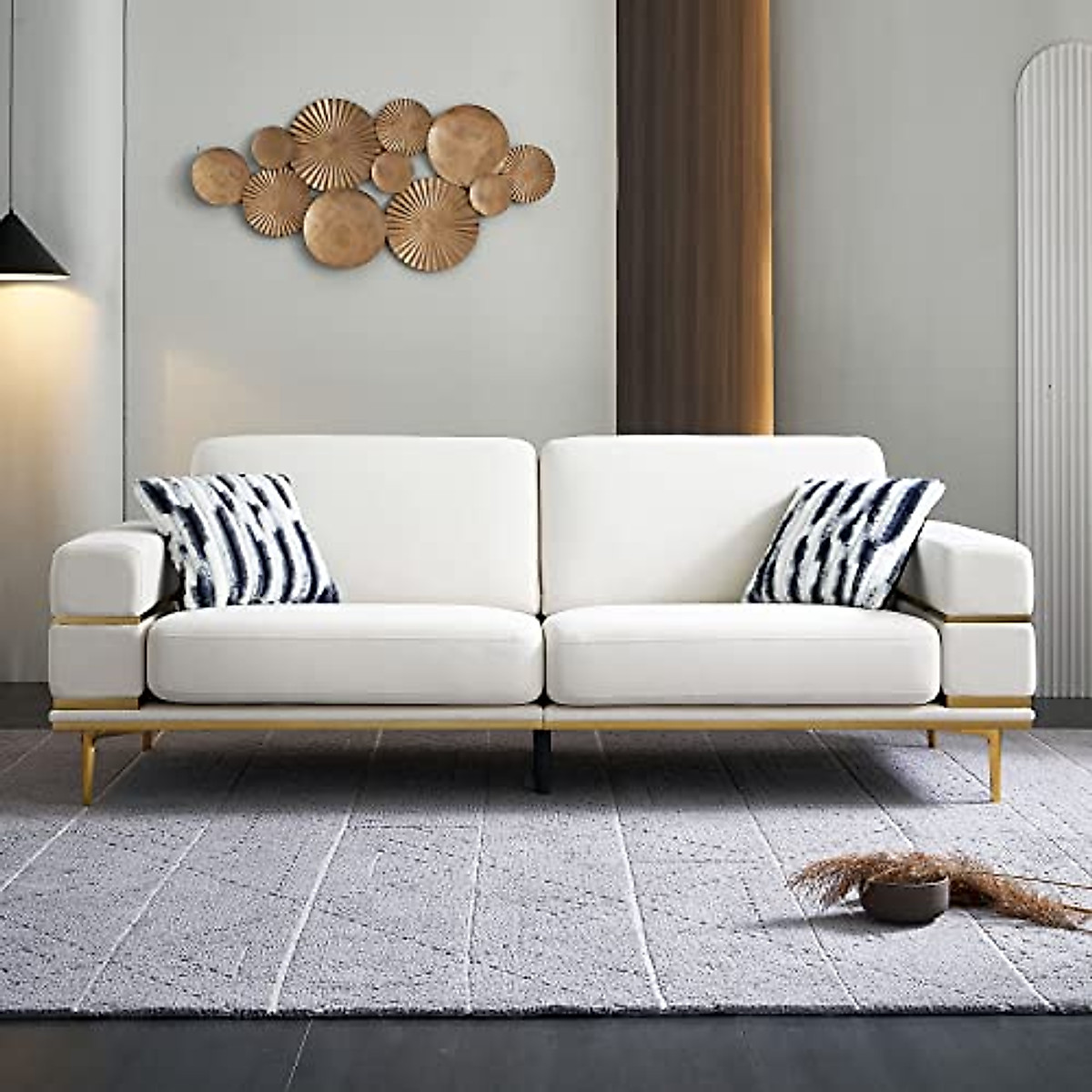 Neylory Modern Velvet Sofa Couch for Living Room,83 Inches Big Comfy Couch Upholstered 3 Seater Sofa with 2 Pillows Square Arm and Metal Legs Decor Furniture for Bedroom,Office(Beige)