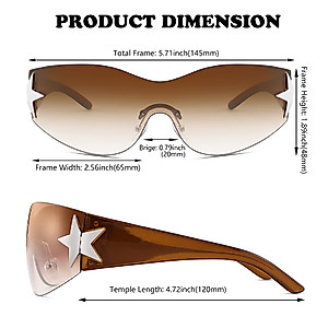 NULOOQ Rimless Y2K Sunglasses for Women Men – Trendy Star Shield Wrap Around Sunglasses Oversized Frameless Sun Glasses (Brown/Gradient Brown)