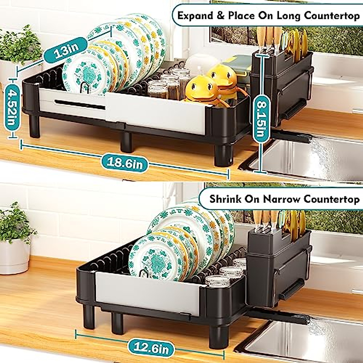 YKLSLH Expandable Dish Drying Rack Dish Racks for Kitchen Counter, Space Saving Dish Rack,12.6"-18.6" Expandable Drying Rack with Drainboard, Utensil Holder - Black