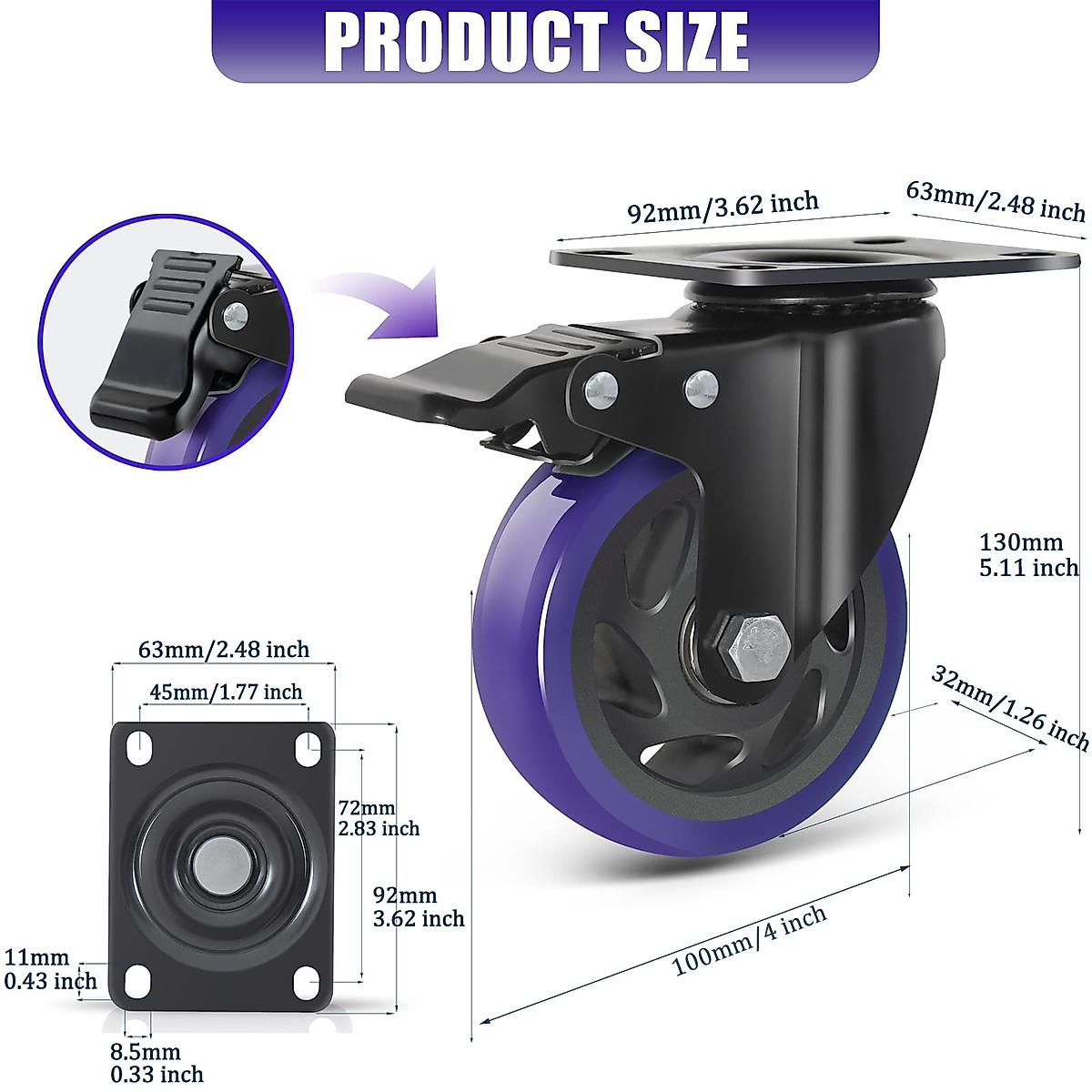 4 Inch Caster Wheels with Brake, Heavy Duty Casters Set of 4 2000lbs, Swivel Plate Casters with Double Ball Bearings, Industrial Caster Wheels for Cart,Furniture,Workbench,Trolley(Two Hardware Kits)