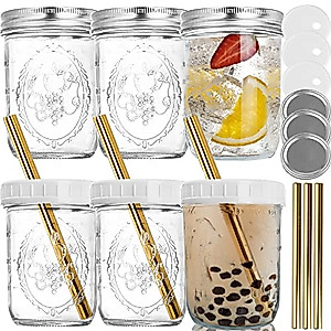 Dicunoy Set of 6 Drinking Mason Jar with Lids and Straws, 16OZ Wide Mouth Glass Bubble Tea Cup, Reusable Smoothie Cups, Canning Jars for Preserving, Meal Prep, Overnight Oats, Jam