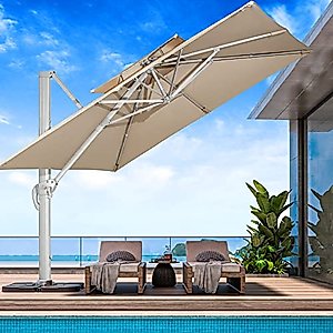 JEAREY 11FT All-Aluminum Cantilever Patio Umbrella Deluxe Large Outdoor Square Umbrella Double Top Offset Hanging Umbrella Heavy Duty Pool Umbrella with Brand Crank & 6 Gears Lift System for Deck Yard Patio Garden Lawn Market, Beige